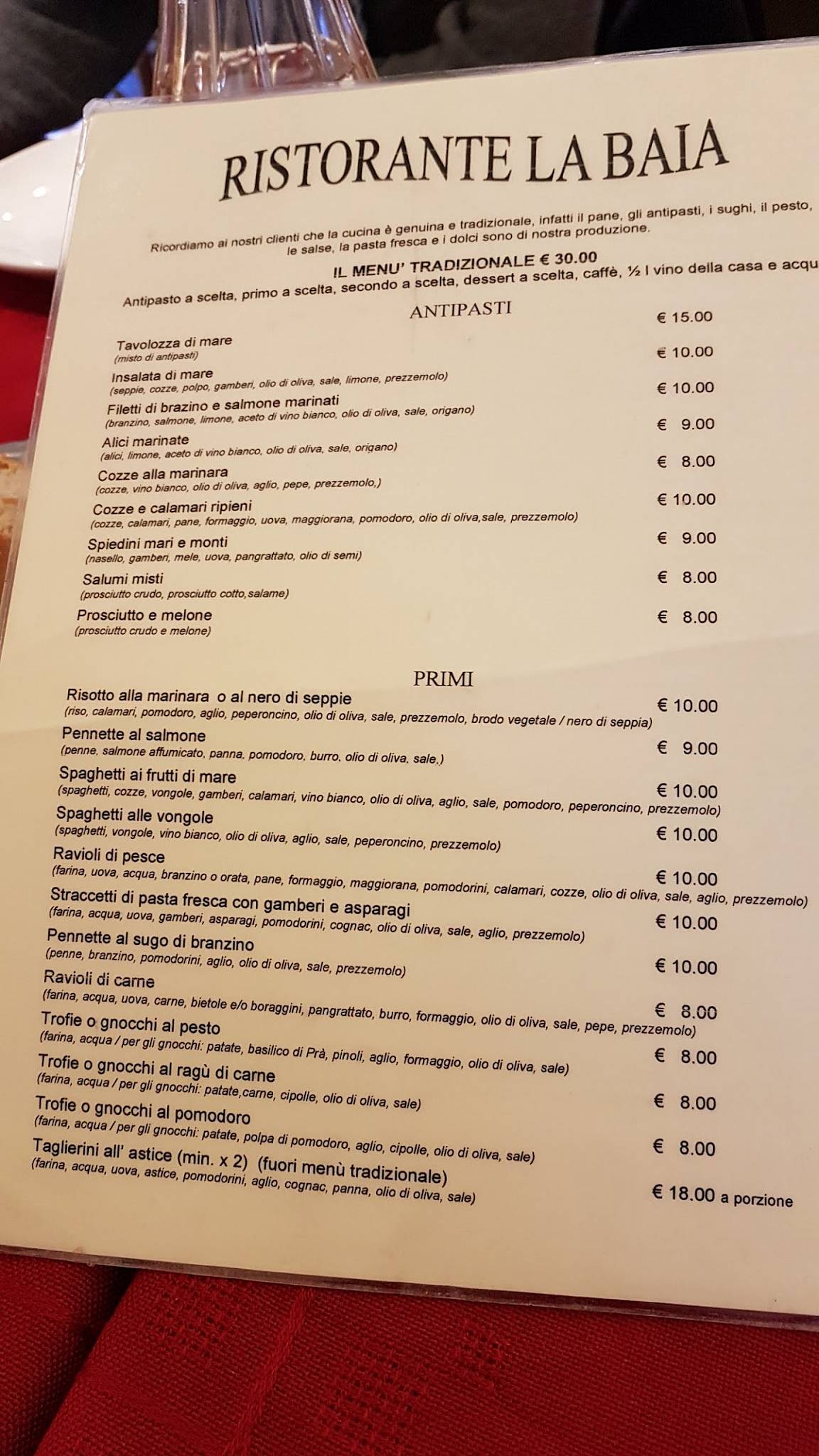 Menu da Ristorante La Baia Sestri Levante, Sestri Levante