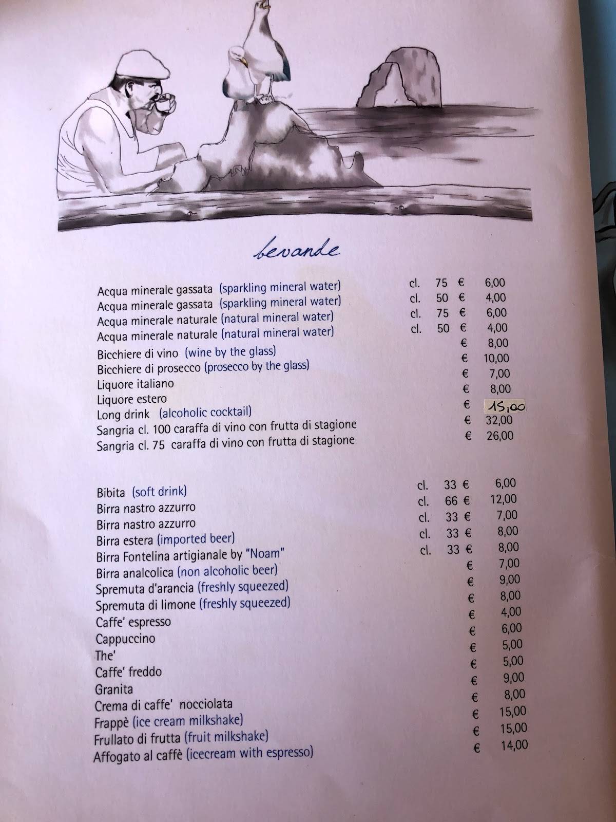Menu at La Fontelina restaurant, Capri, Via dei Faraglioni