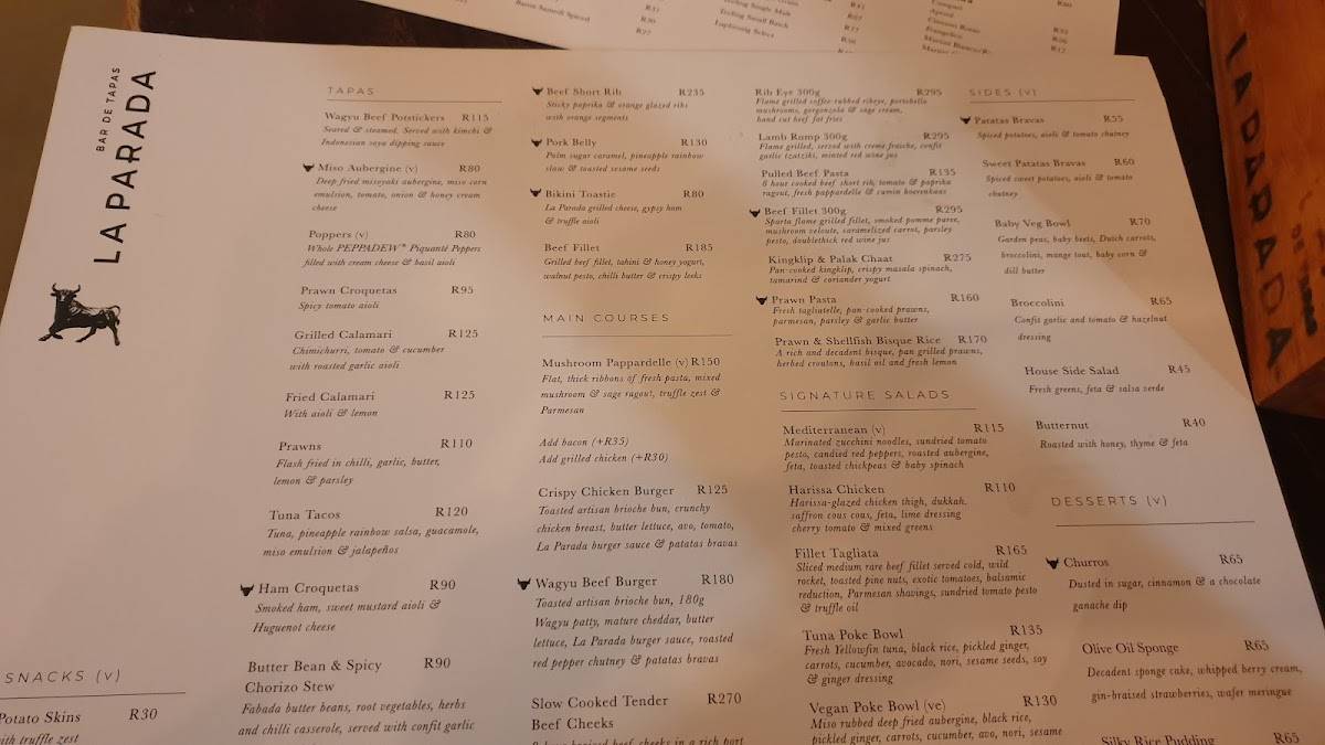 Menu at La Parada V&A Waterfront restaurant, Cape Town, 1 Dock Rd