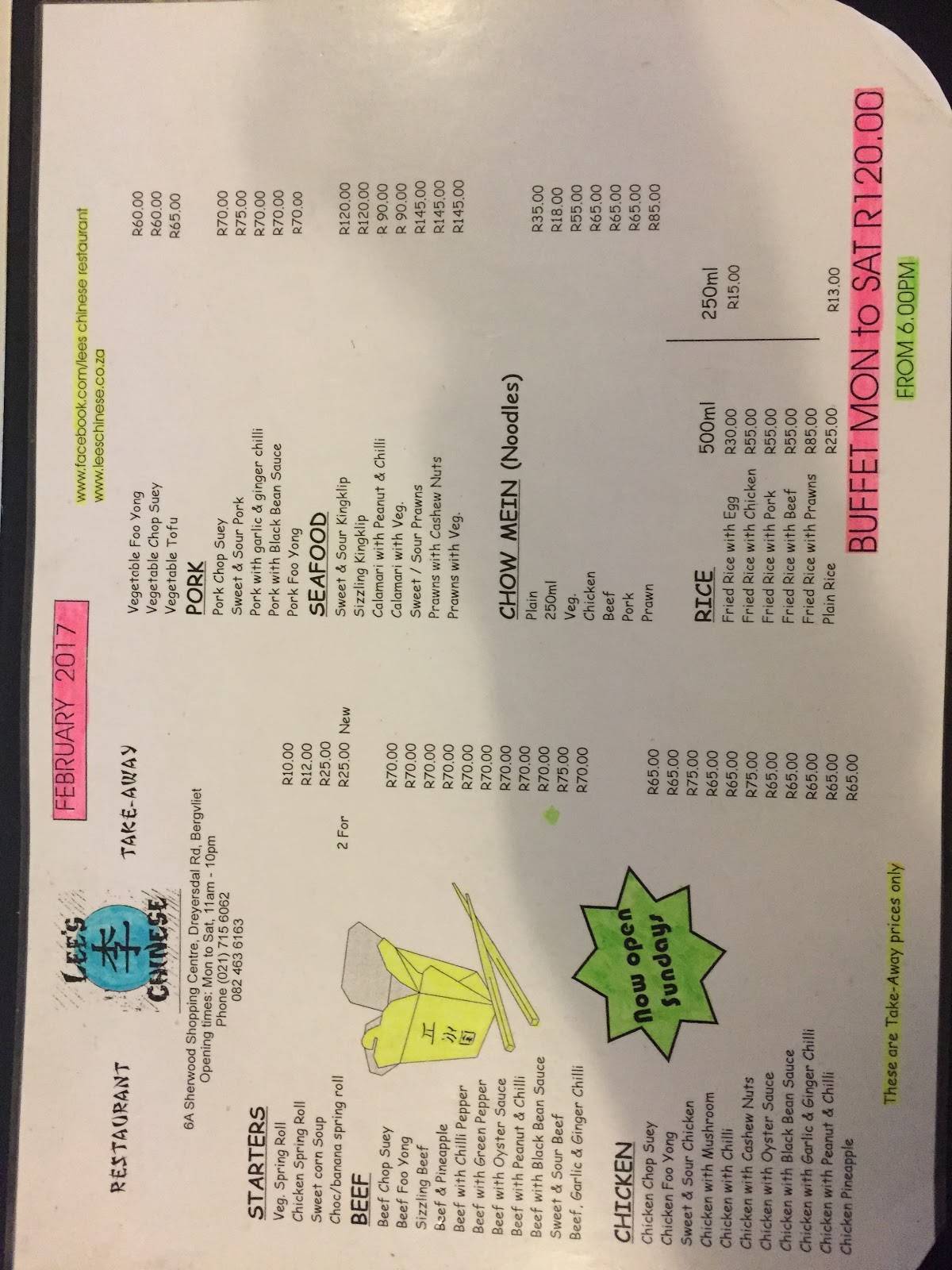Menu at Lee's Chinese Restaurant, Cape Town