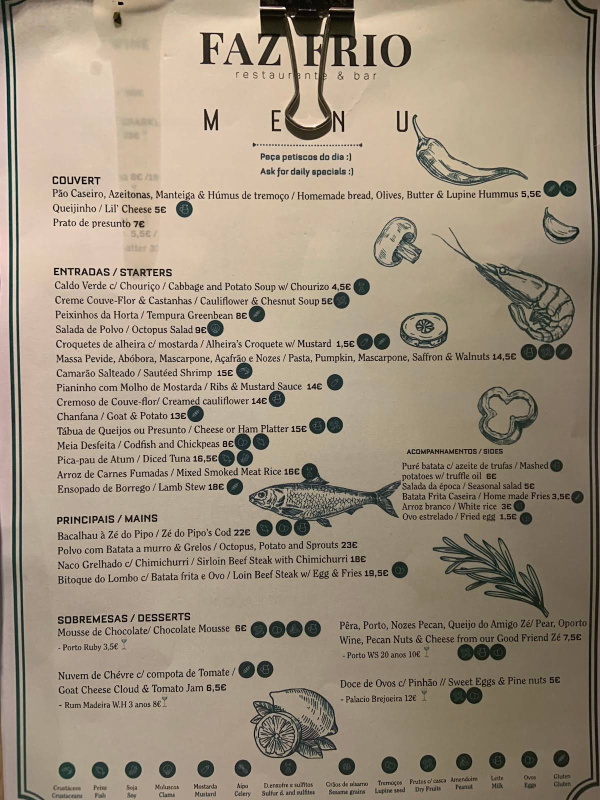 Menu em Faz Frio restaurante, Lisboa