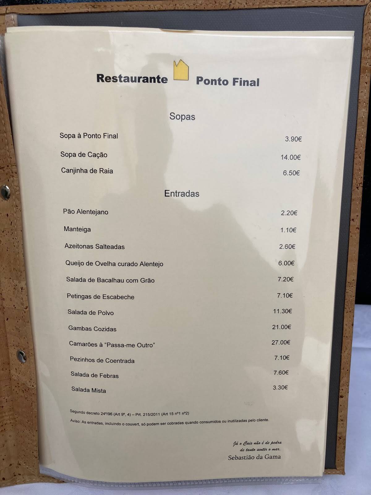 Carta del restaurante Ponto Final, Almada