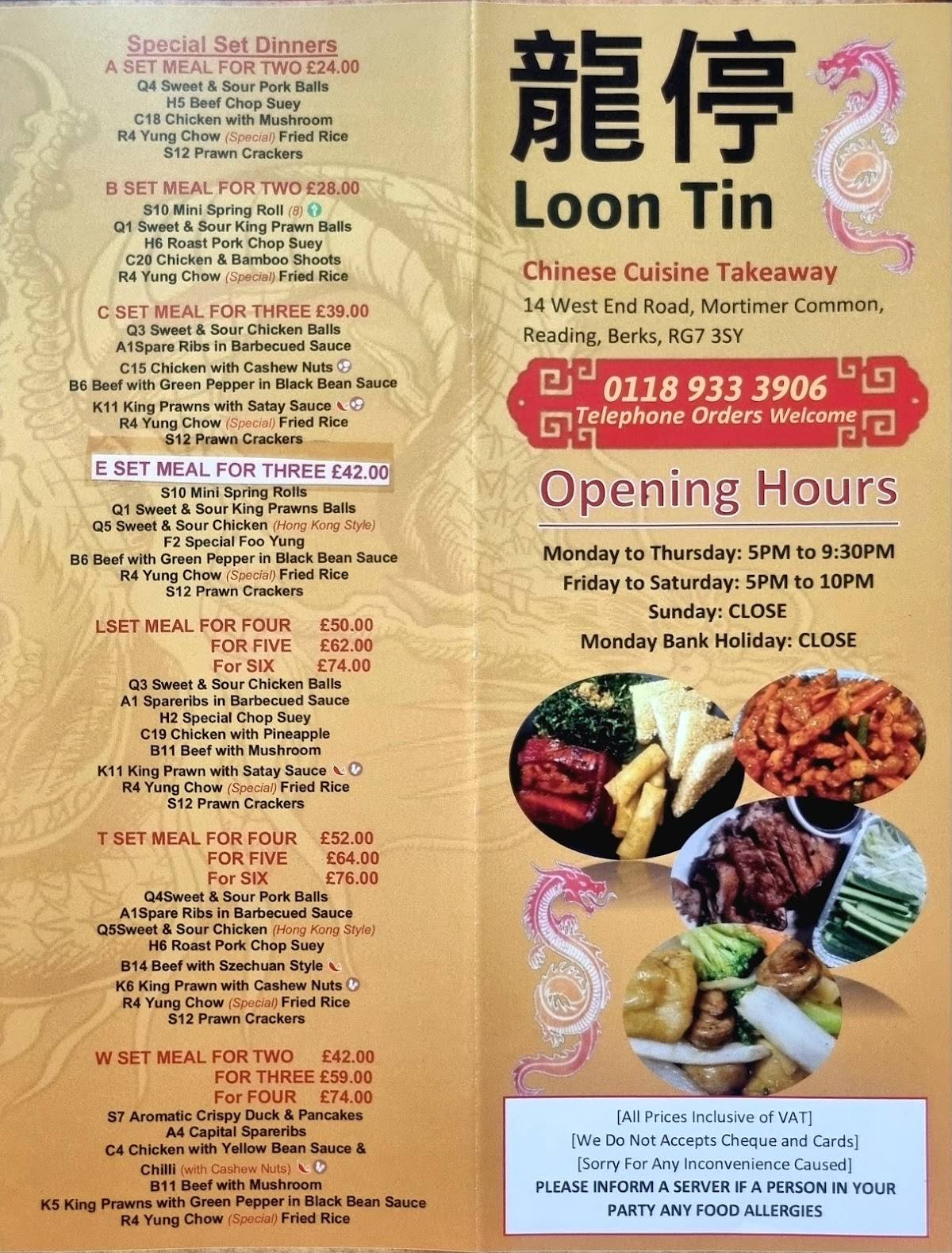 Menu at Loon Tin fast food, Reading