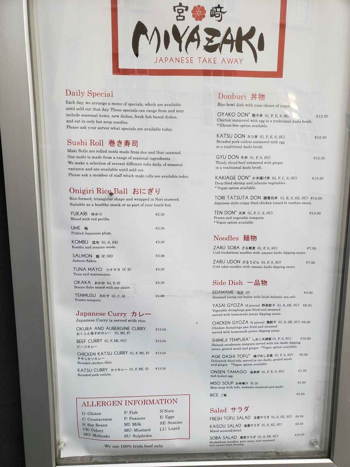 Menu at Miyazaki Japanese Take Away restaurant, Cork