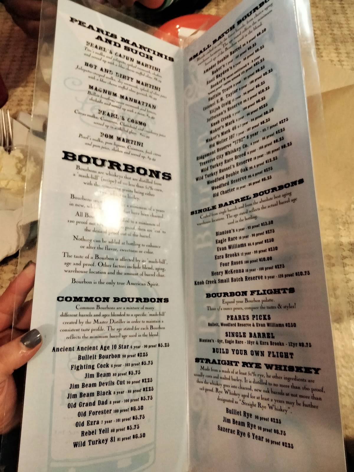Menu at Pearl's New Orleans Kitchen restaurant, Elk Rapids