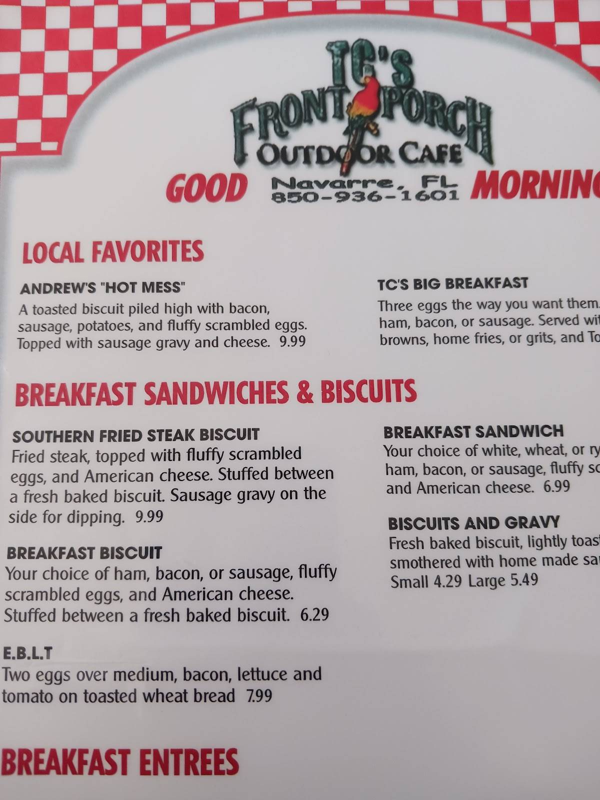 Menu at TC's Front Porch pub & bar, Navarre