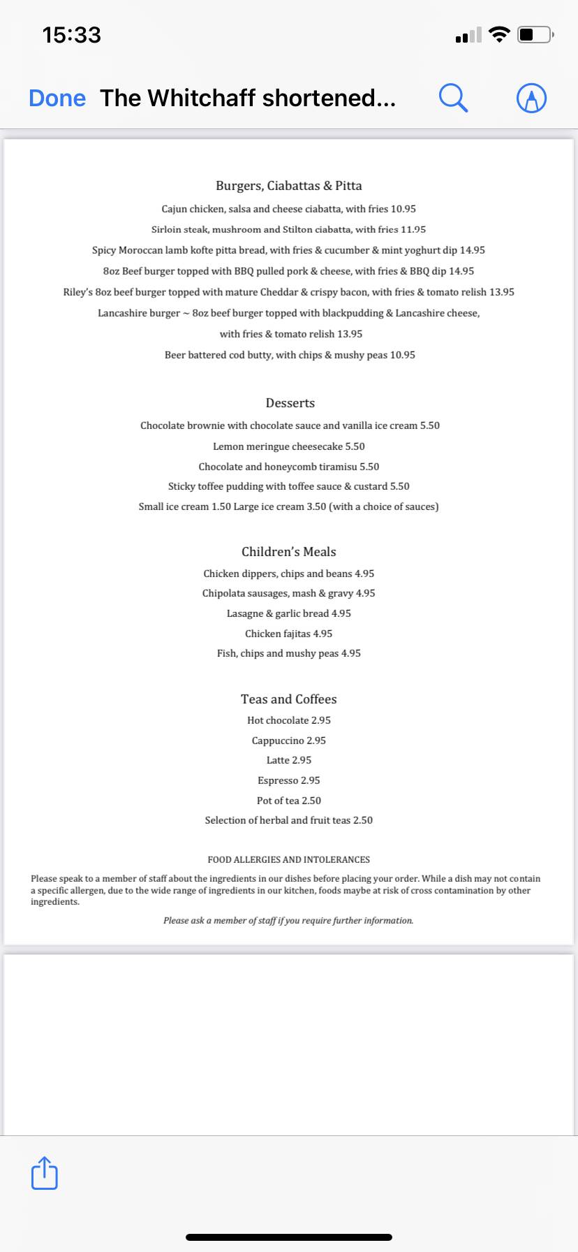 Menu at The Whitchaff Inn pub & bar, Rawtenstall