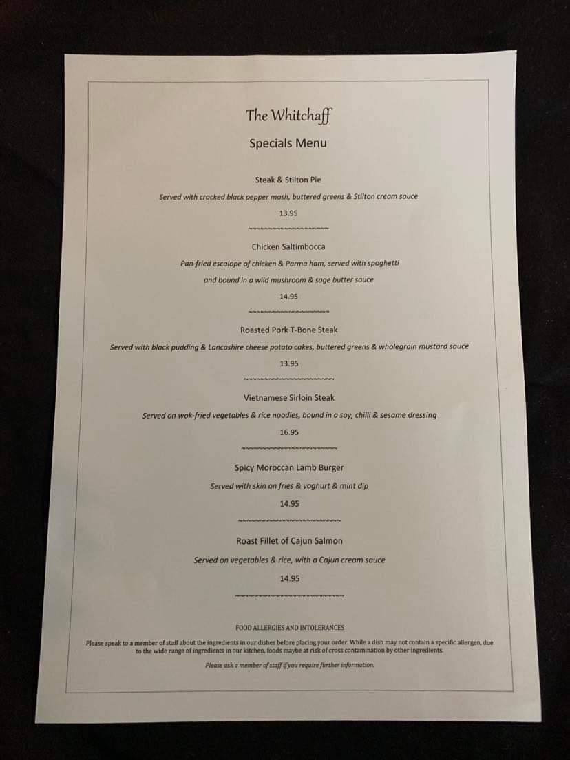 Menu at The Whitchaff Inn pub & bar, Rawtenstall