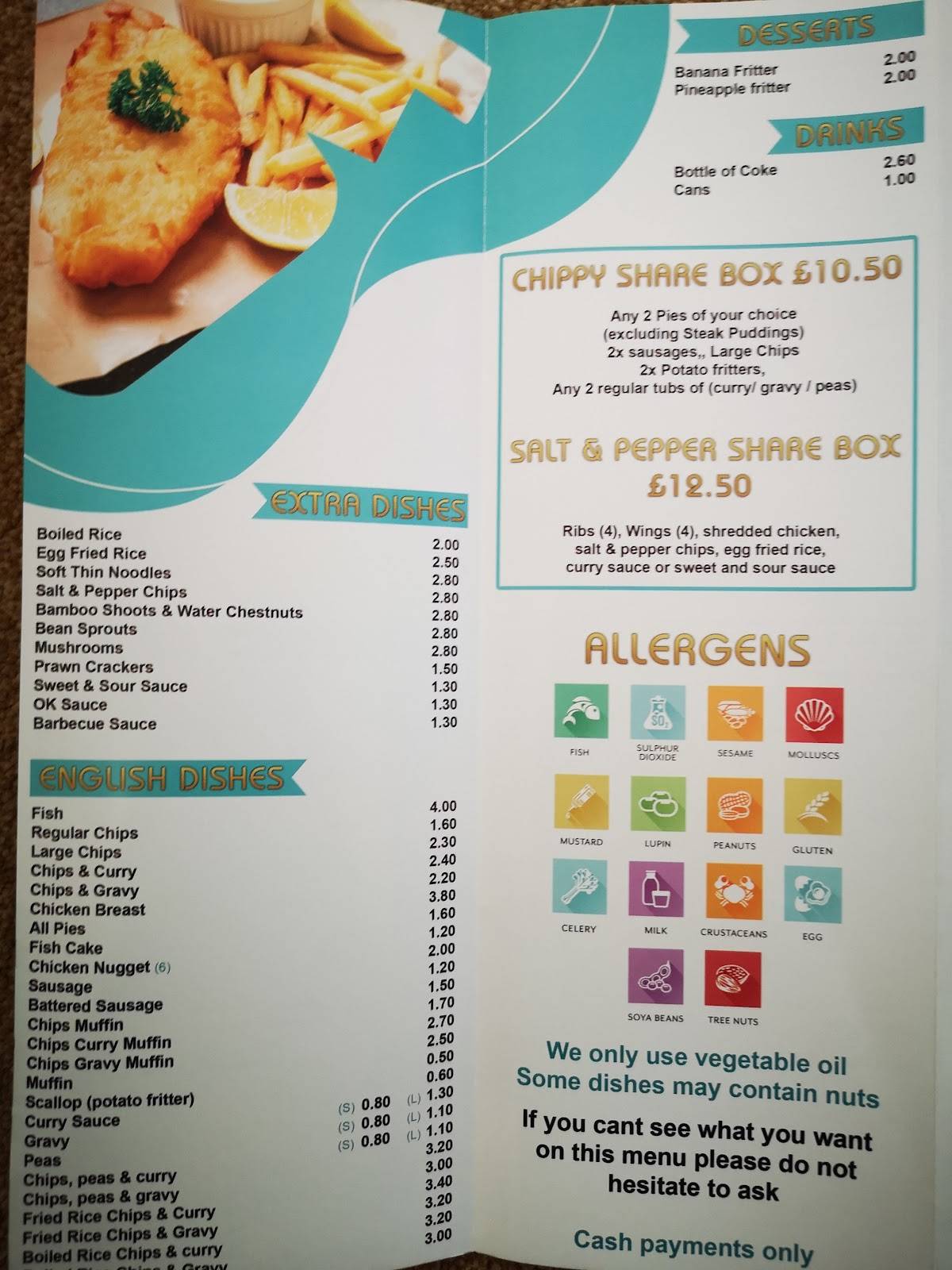 Menu at Chung's Fish and Chips restaurant, Hyde