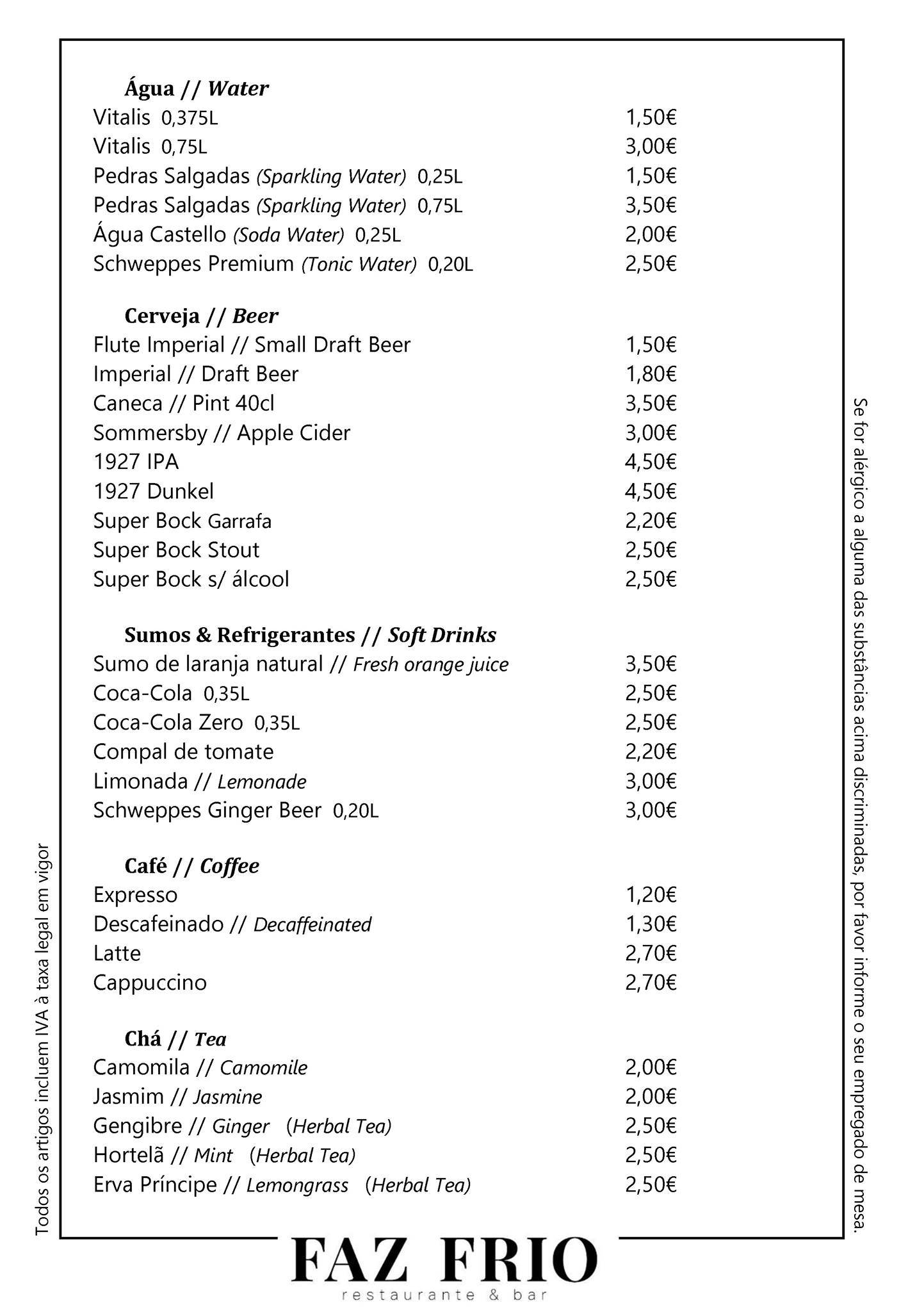 Menu em Faz Frio restaurante, Lisboa