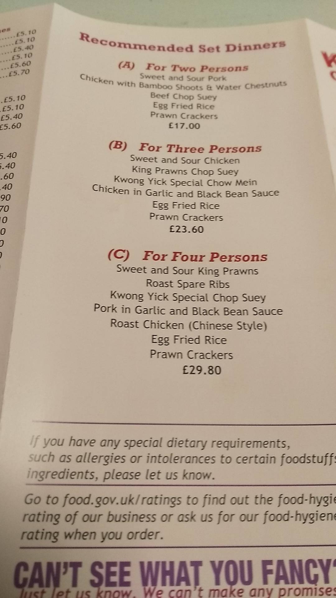 Menu at Kwong Yick restaurant, Carmarthen