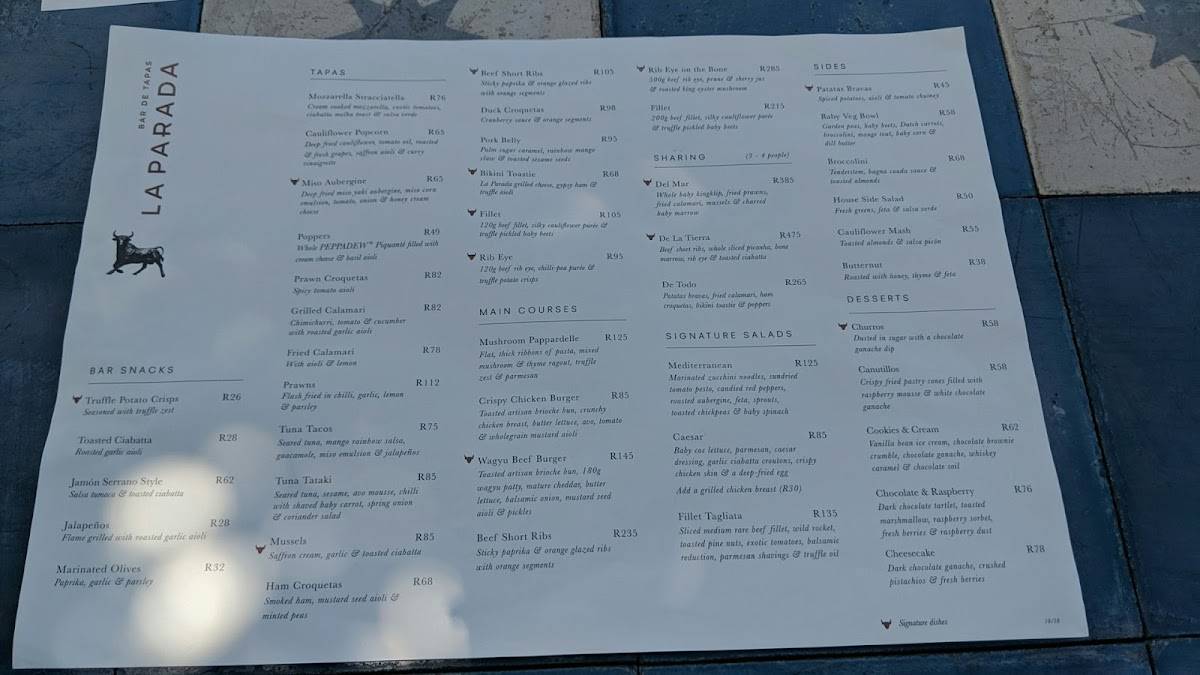 Menu at La Parada V&A Waterfront restaurant, Cape Town, 1 Dock Rd