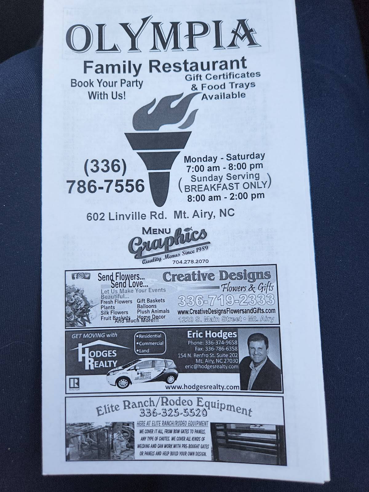 Menu at Olympia Family Restaurant, Mount Airy