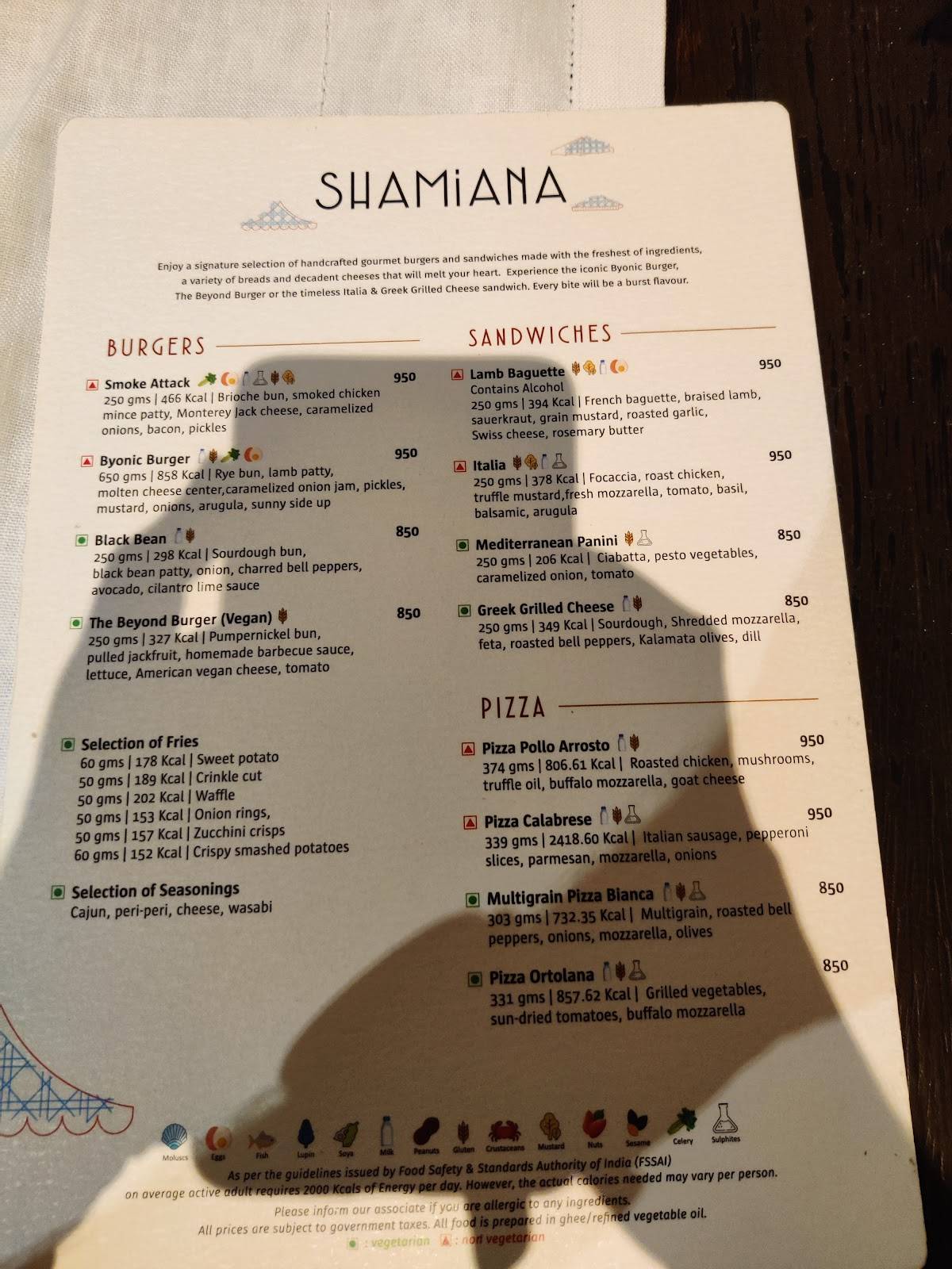 Menu at Shamiana, Mumbai, The Taj Mahal Palace Hotel