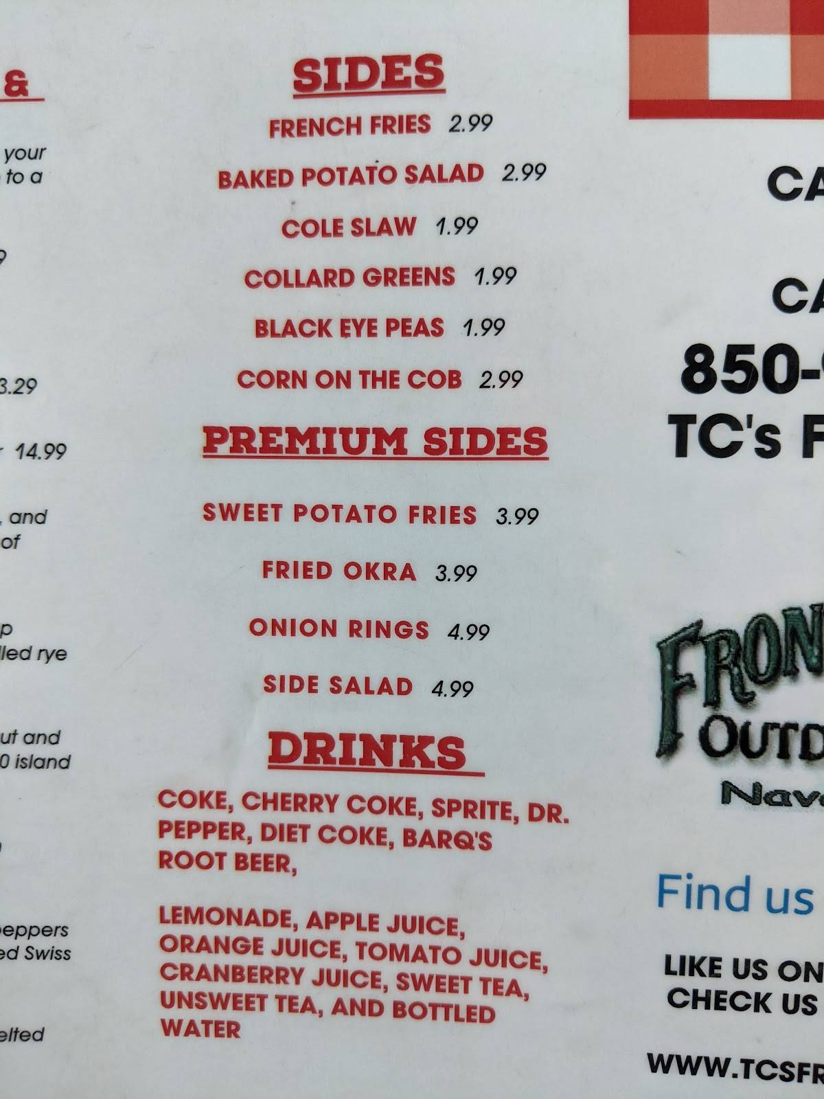 Menu at TC's Front Porch pub & bar, Navarre