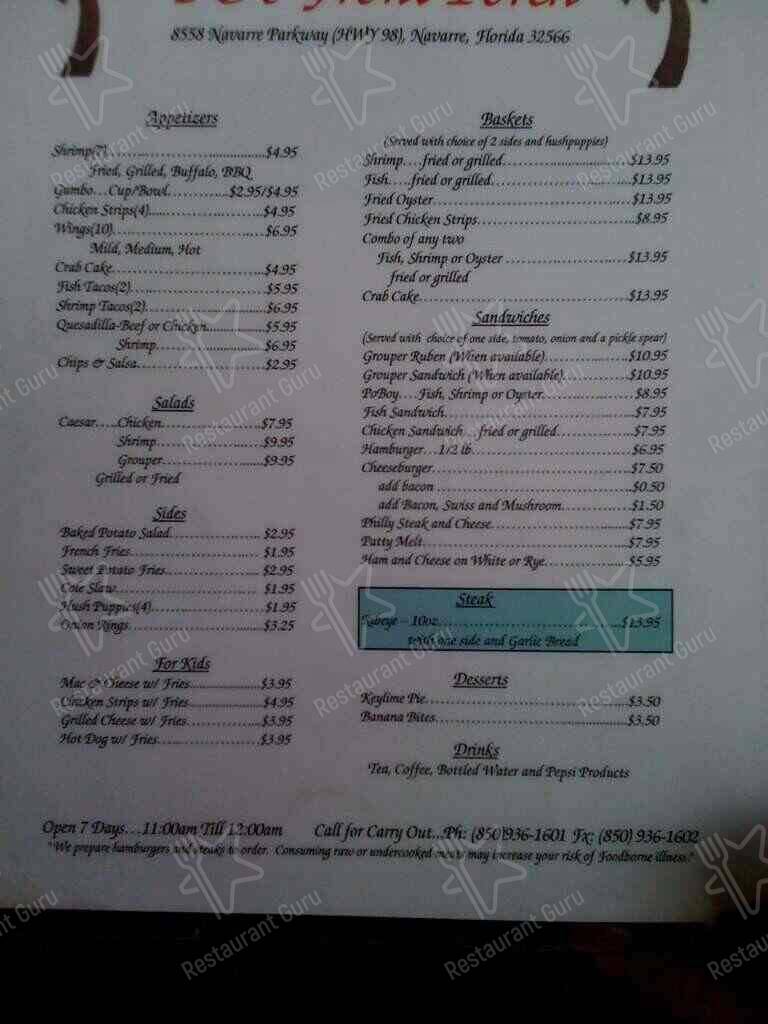 Menu at TC's Front Porch pub & bar, Navarre