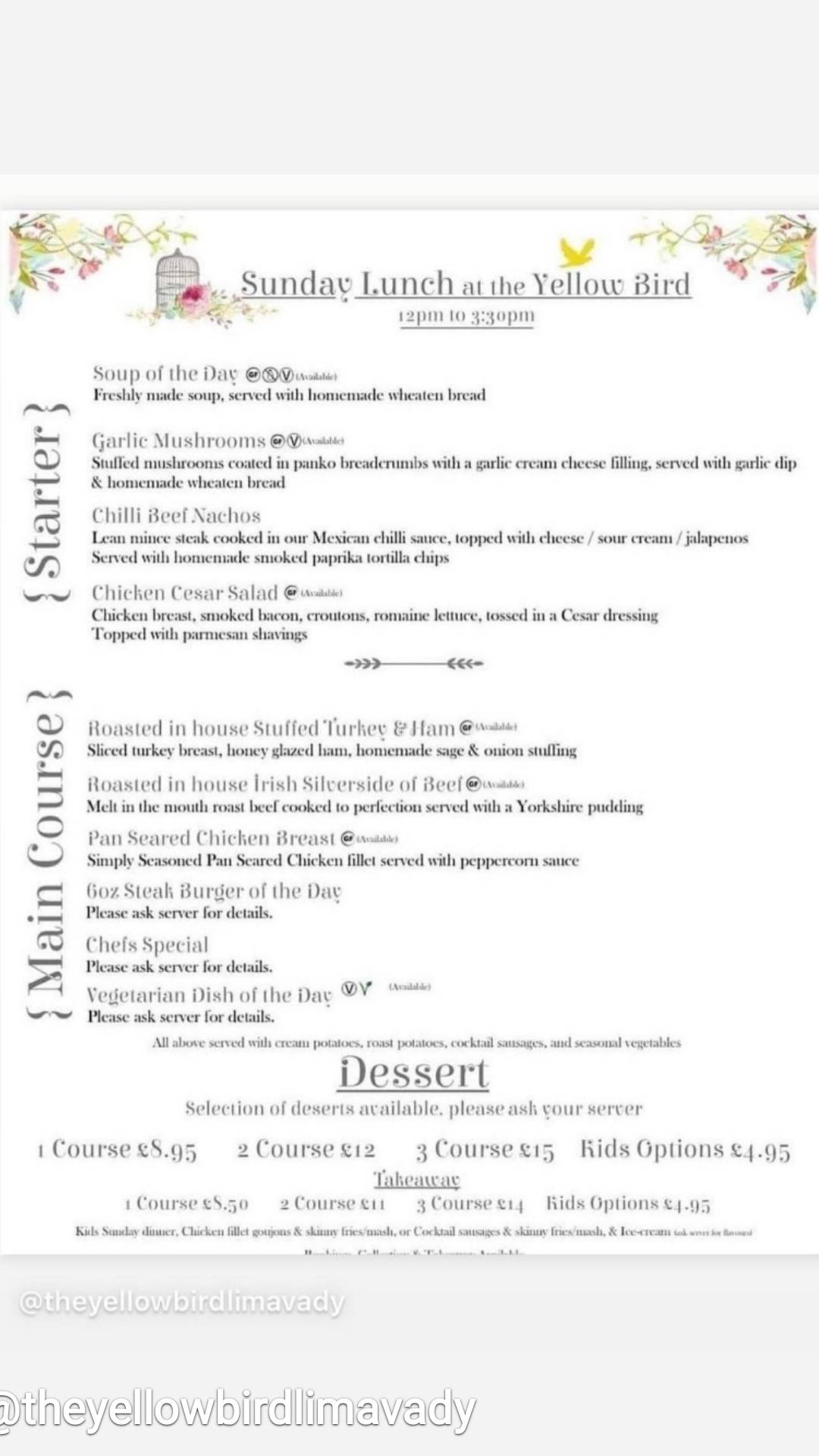 Menu at The Yellow Bird cafe, Limavady