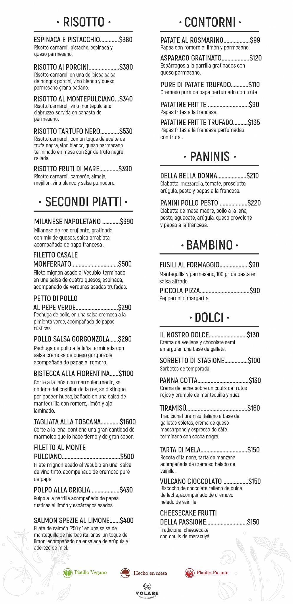 Carta del restaurante Volare Ostería, San Luis Potosi