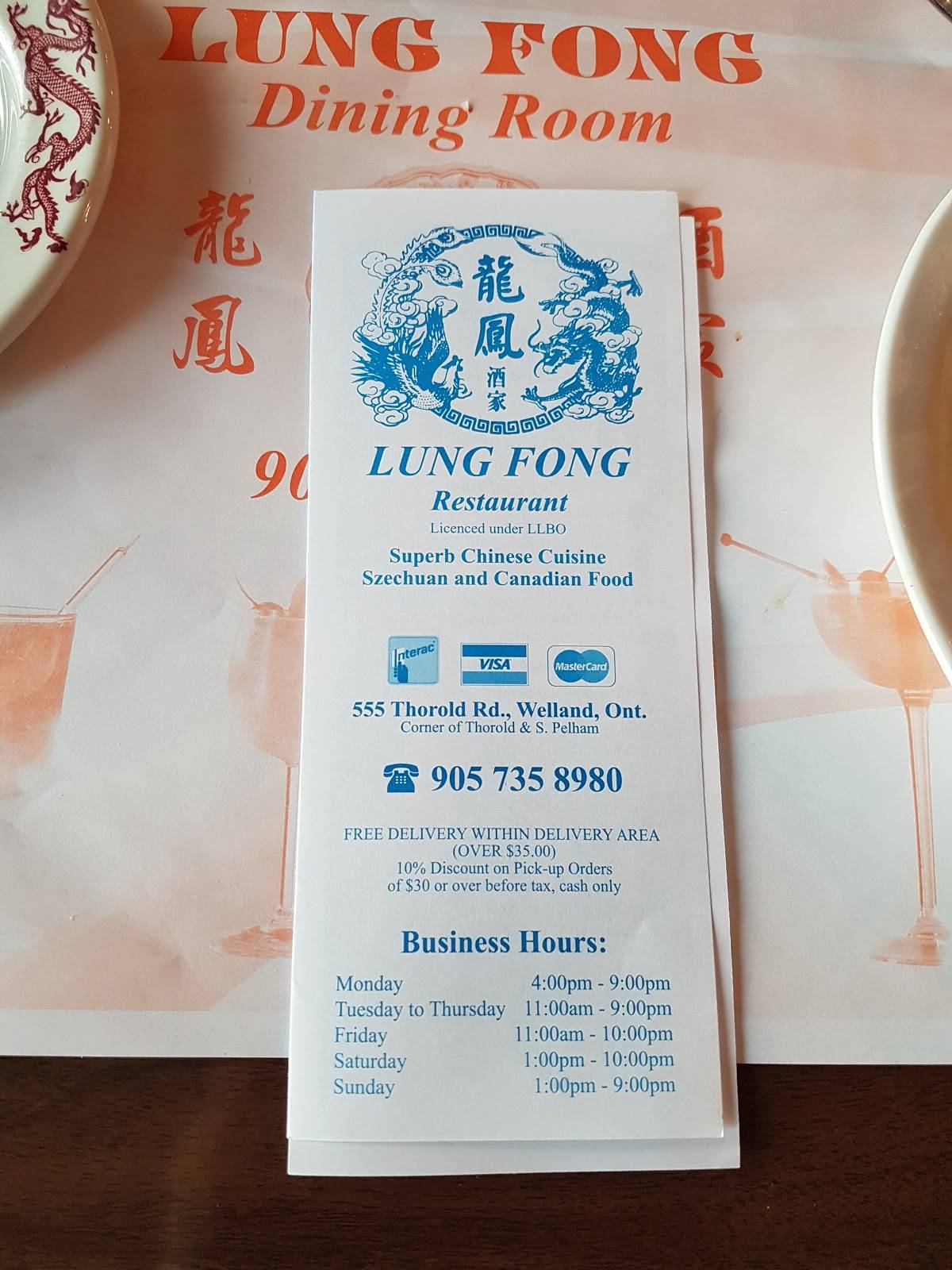 Menu at Lung Fong Restaurant, Welland
