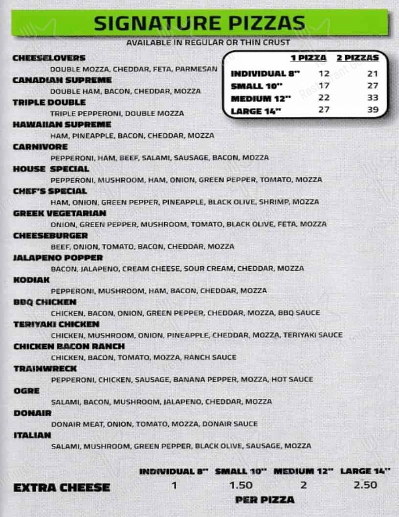Menu at YROC Pizza restaurant, Innisfail, 49 St