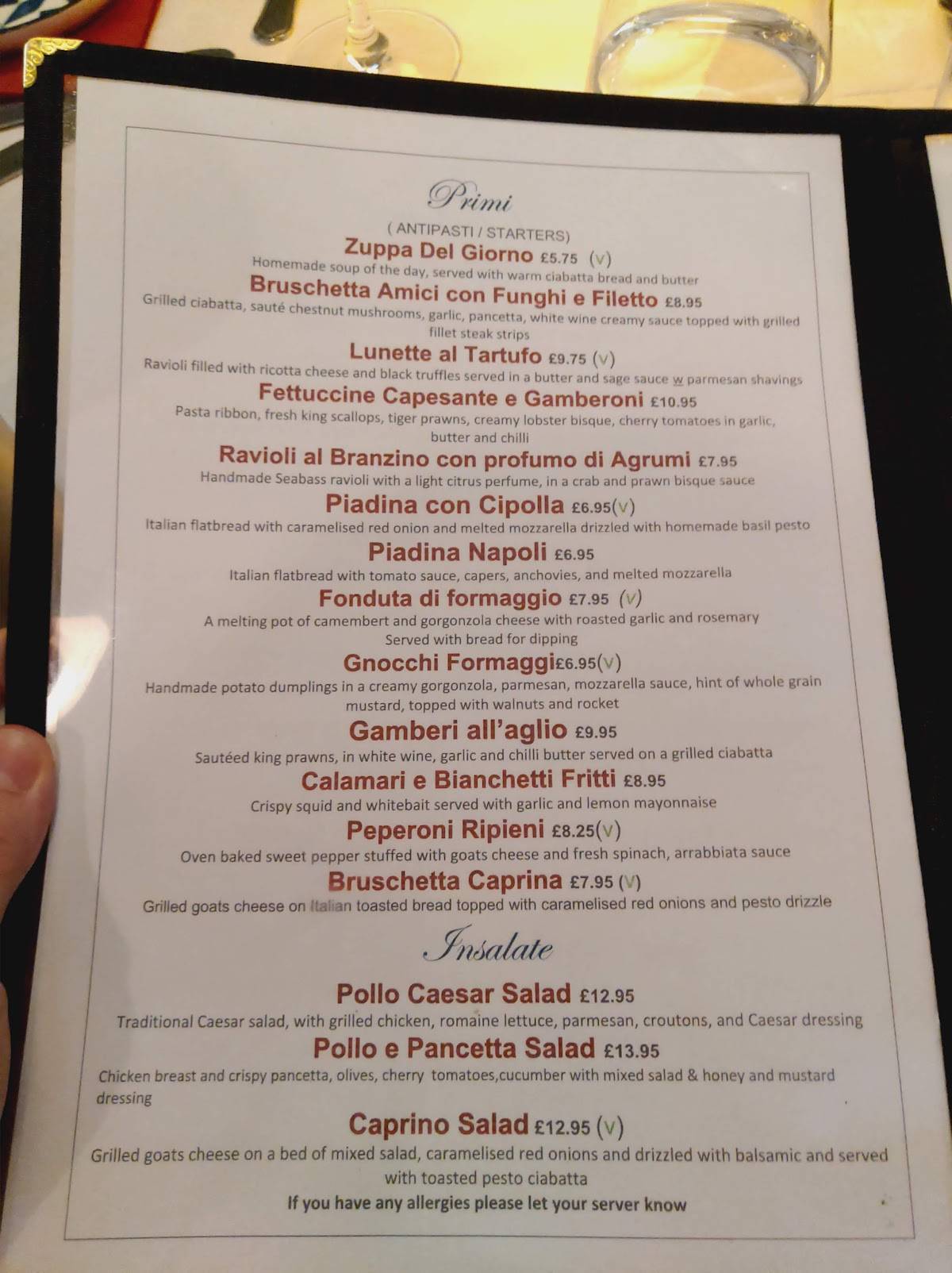 Menu at Amici restaurant, Ashford