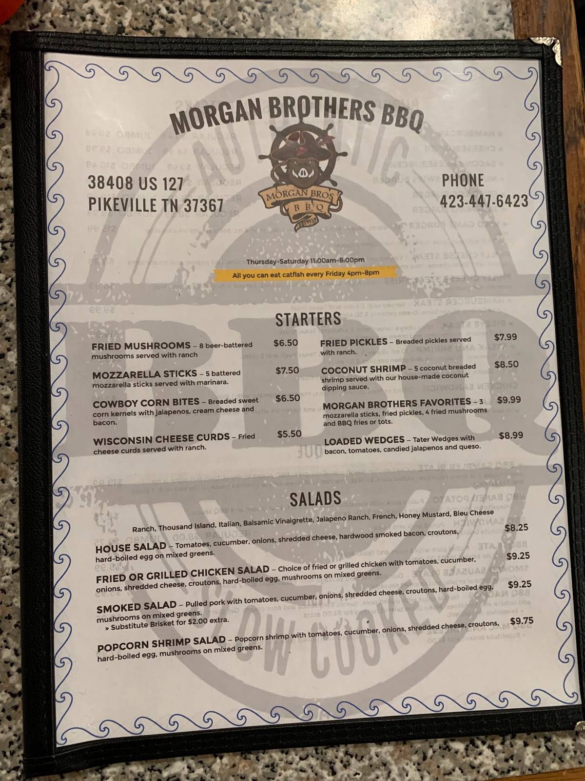 Menu at Morgan Brothers BBQ, Pikeville