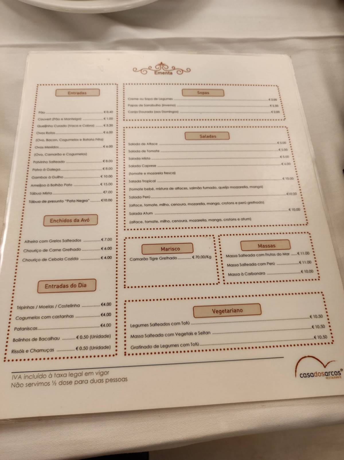 Menu em Casa dos Arcos restaurante, Barcelos