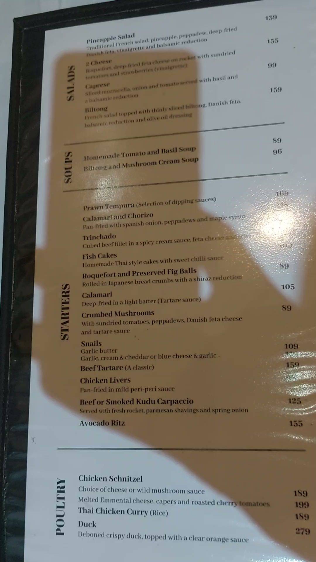 Menu at Blu Saffron restaurant, Pretoria