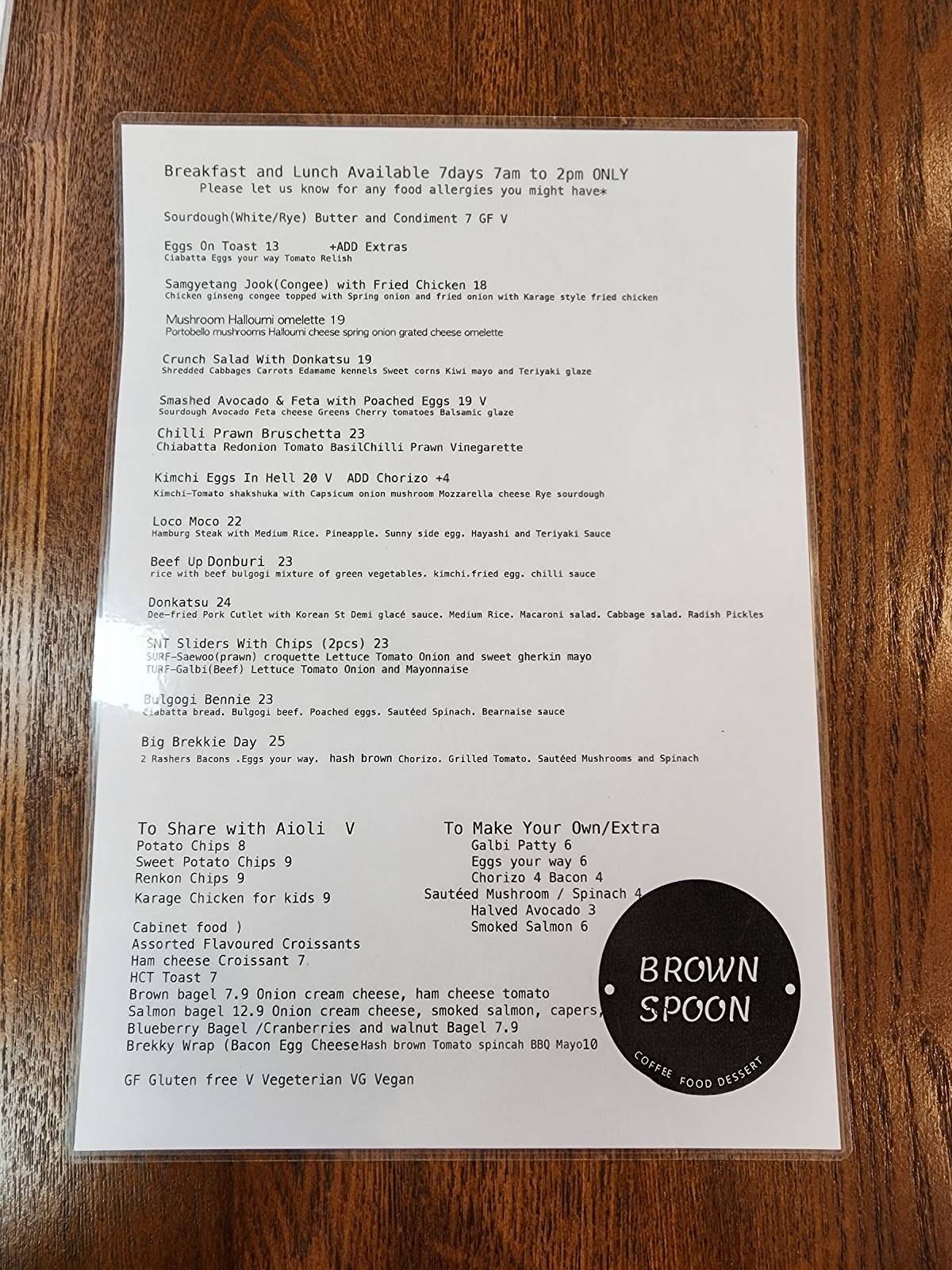 Menu at Brown Spoon Willetton cafe, Willetton