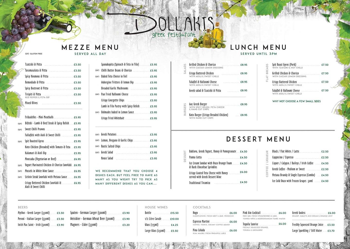 Menu at Dollakis restaurant, Enniskillen