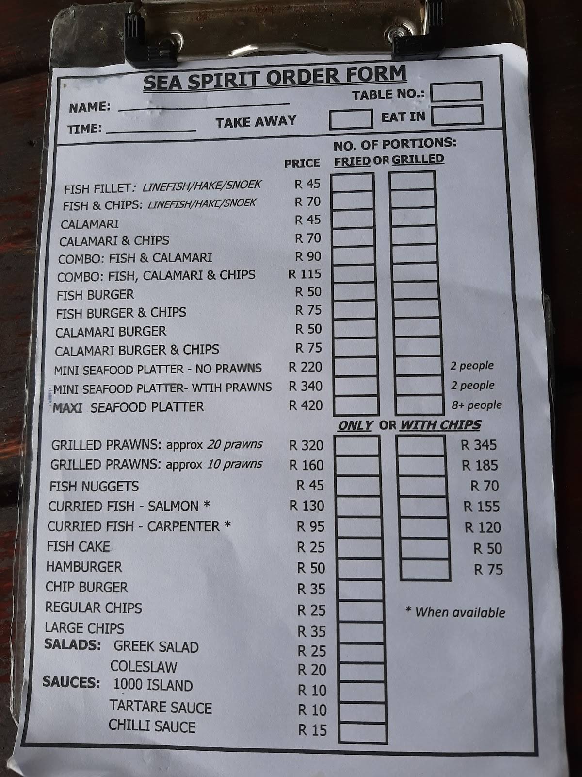 Menu at Sea Spirit Fish Market Restaurant, East London