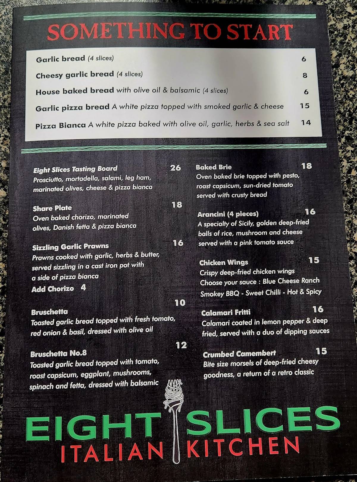 Menu at Eight Slices Italian Kitchen restaurant, Tapping