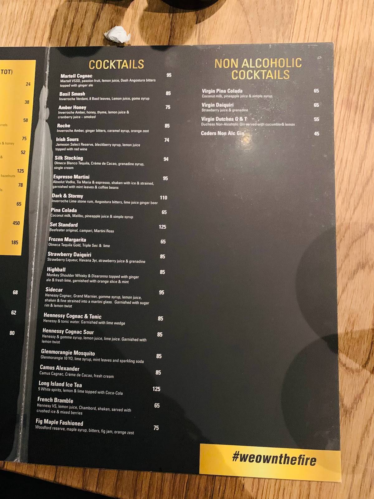 Menu at Fireroom Castle Gate restaurant, Pretoria