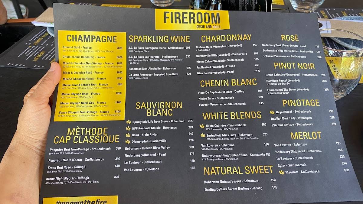 Menu at Fireroom Castle Gate restaurant, Pretoria