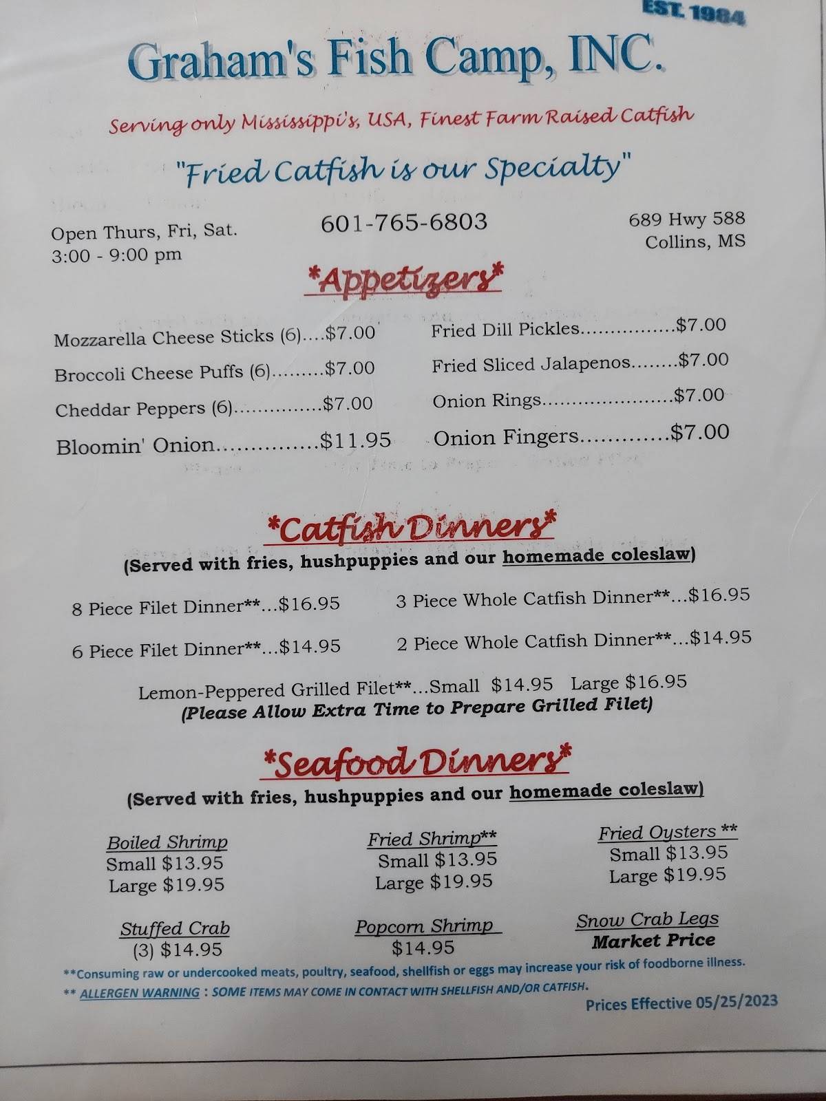Menu at Graham's Fish Camp restaurant, Collins