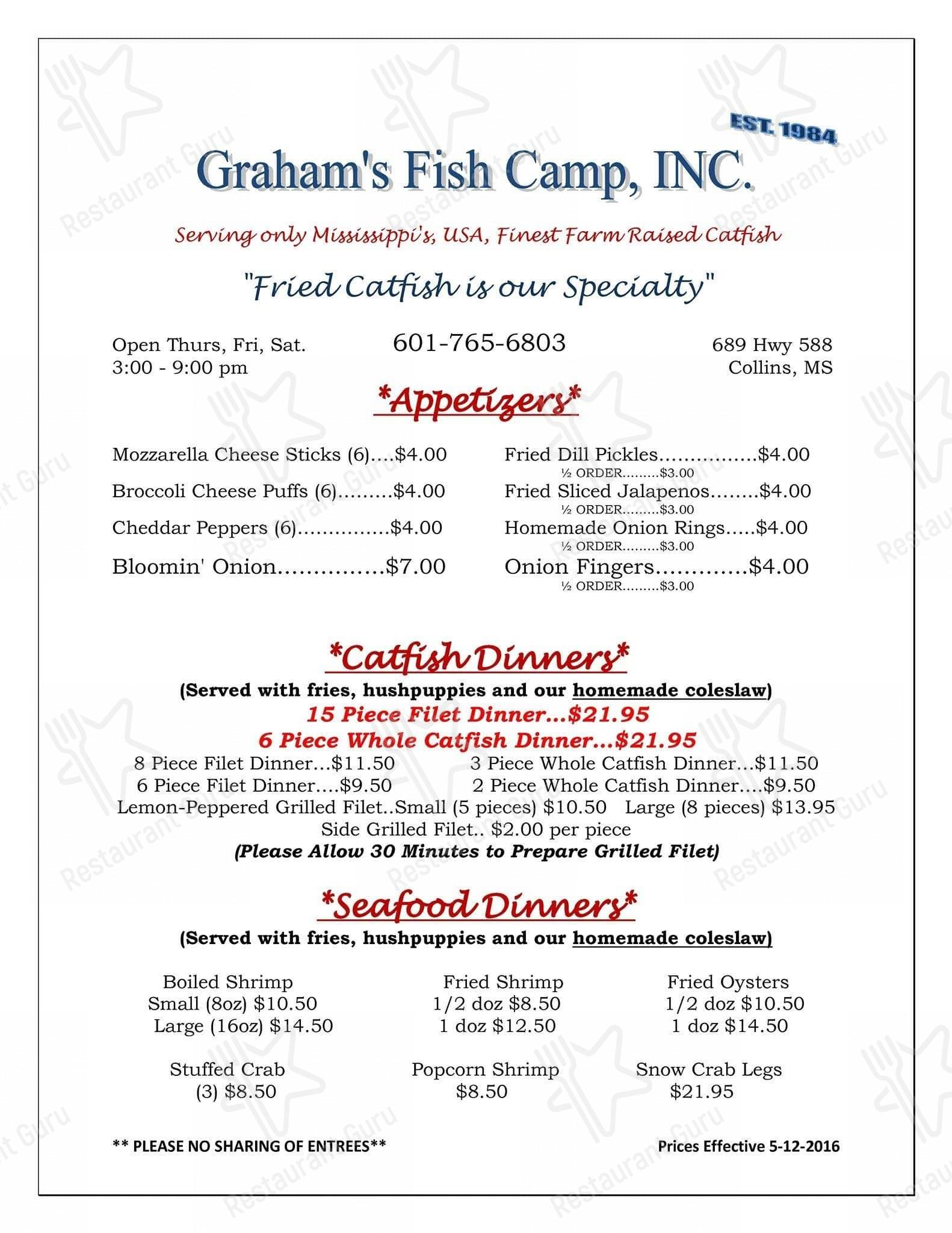 Menu at Graham's Fish Camp restaurant, Collins