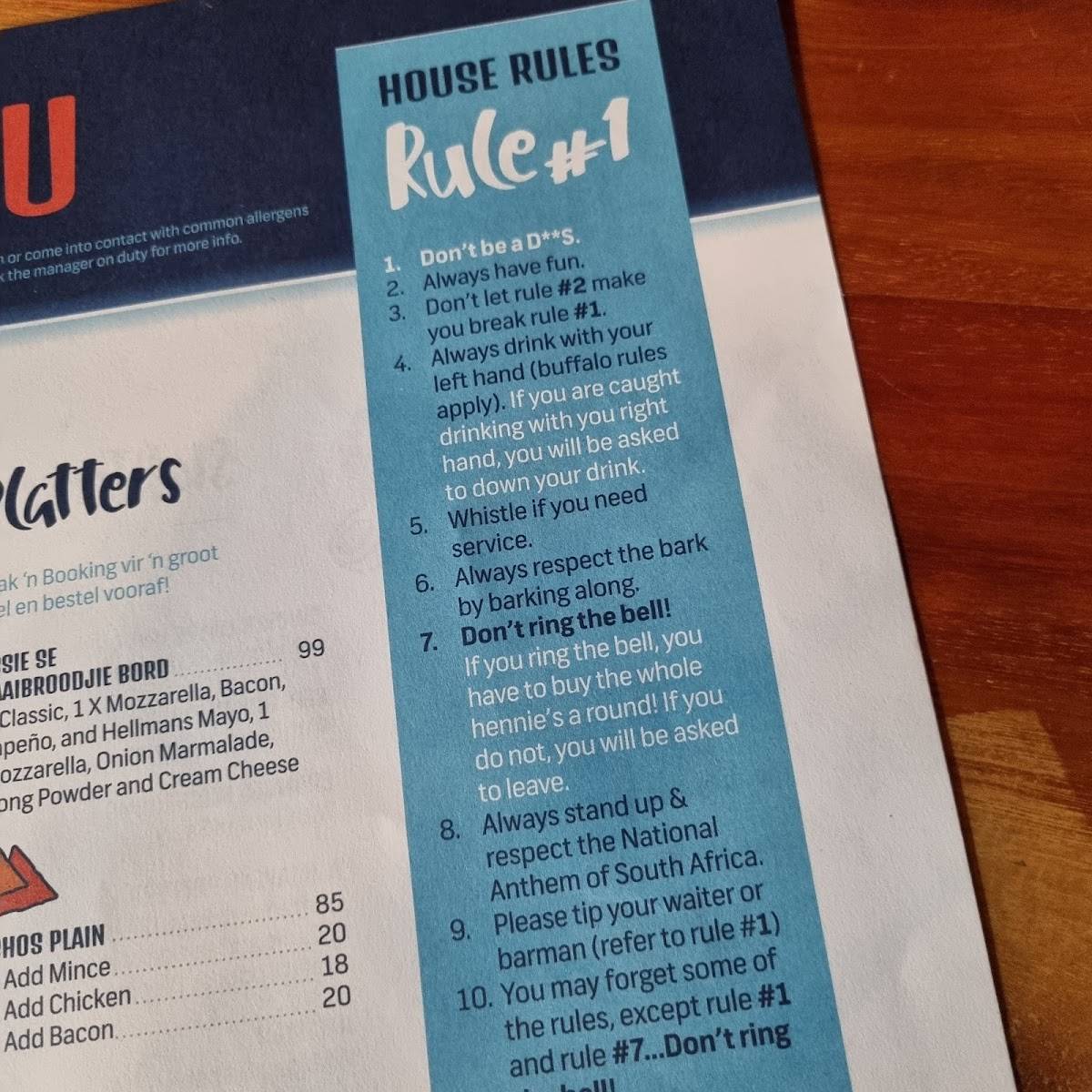 Menu at Hennie's Montana Restaurant, Pretoria
