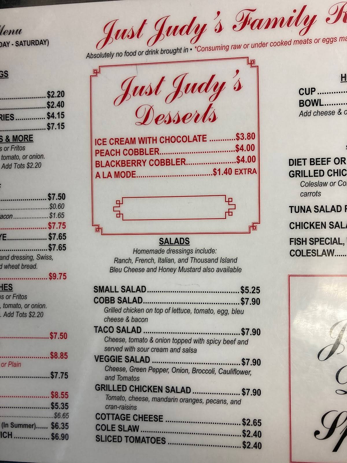 Menu at Just Judy's Restaurant, Indianapolis, E 62nd St