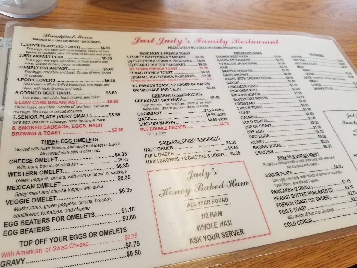 Menu at Just Judy's Restaurant, Indianapolis, E 62nd St