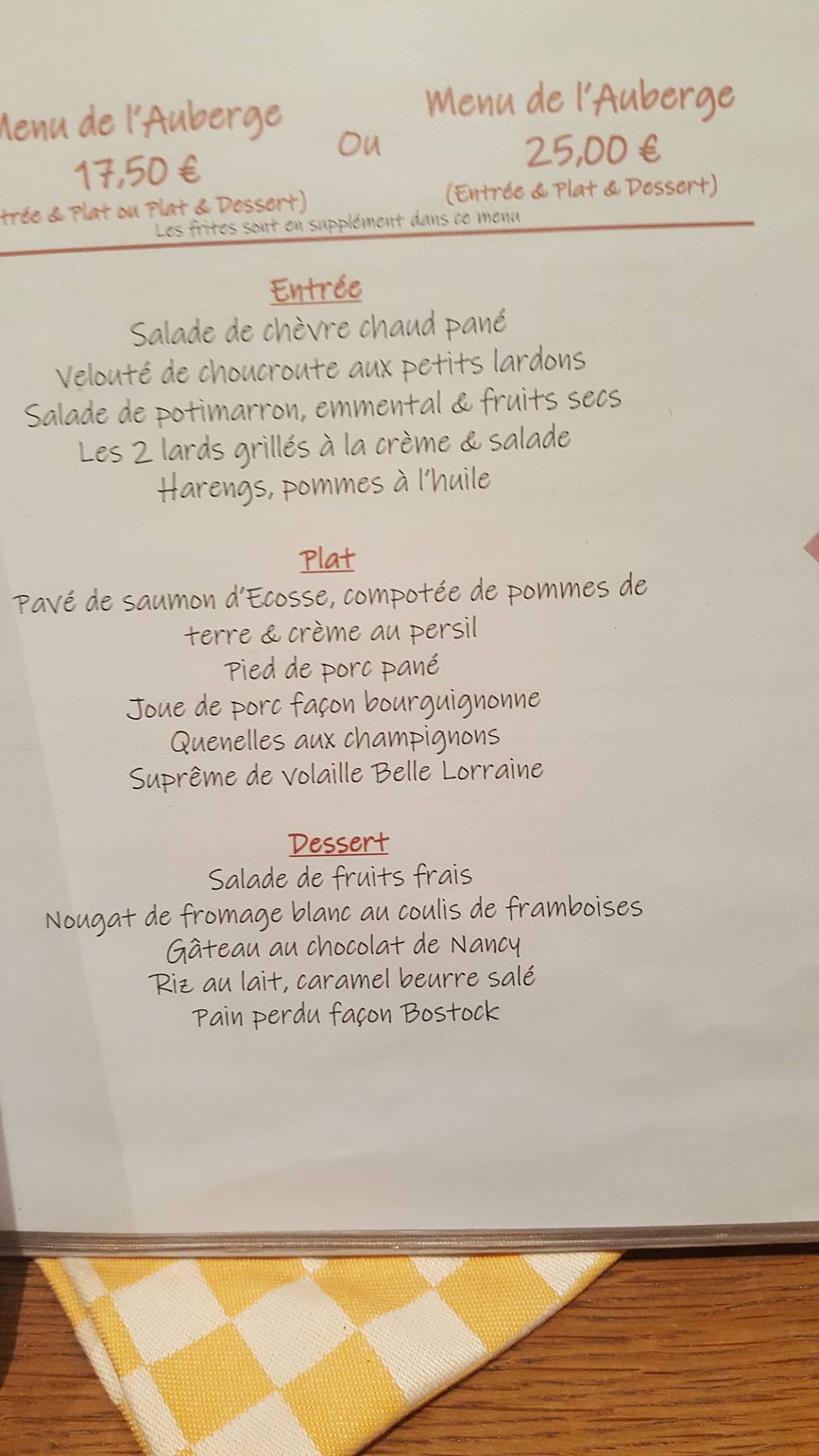 Menu au L'Auberge restaurant, Laxou