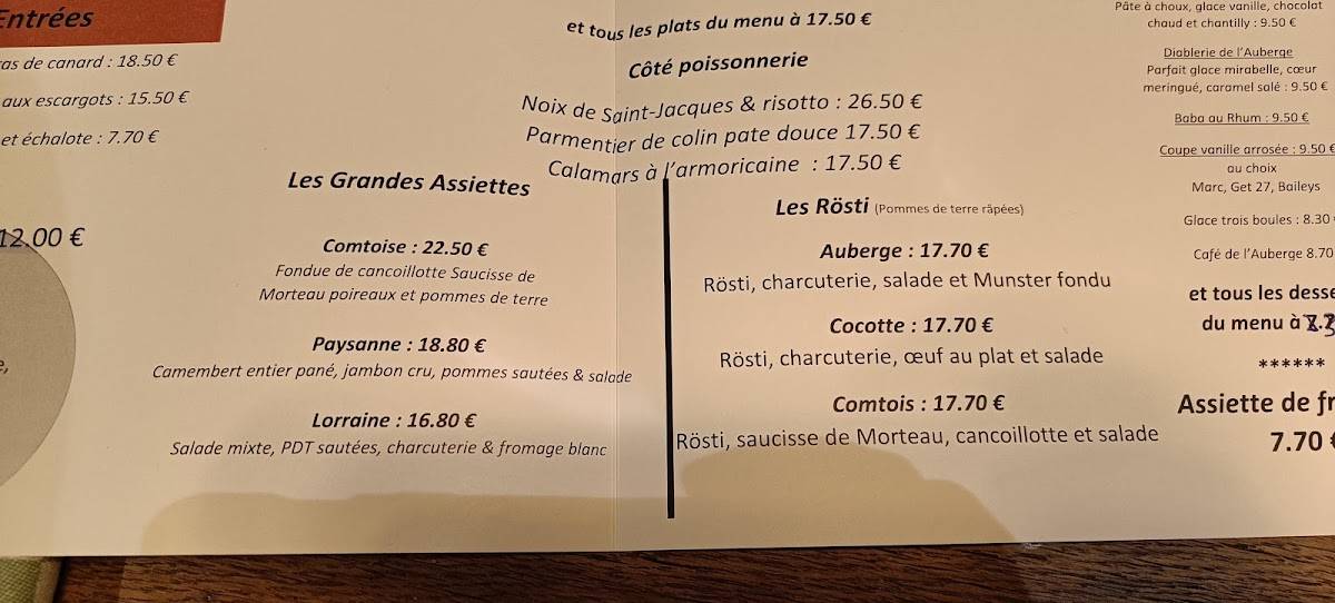 Menu au L'Auberge restaurant, Laxou