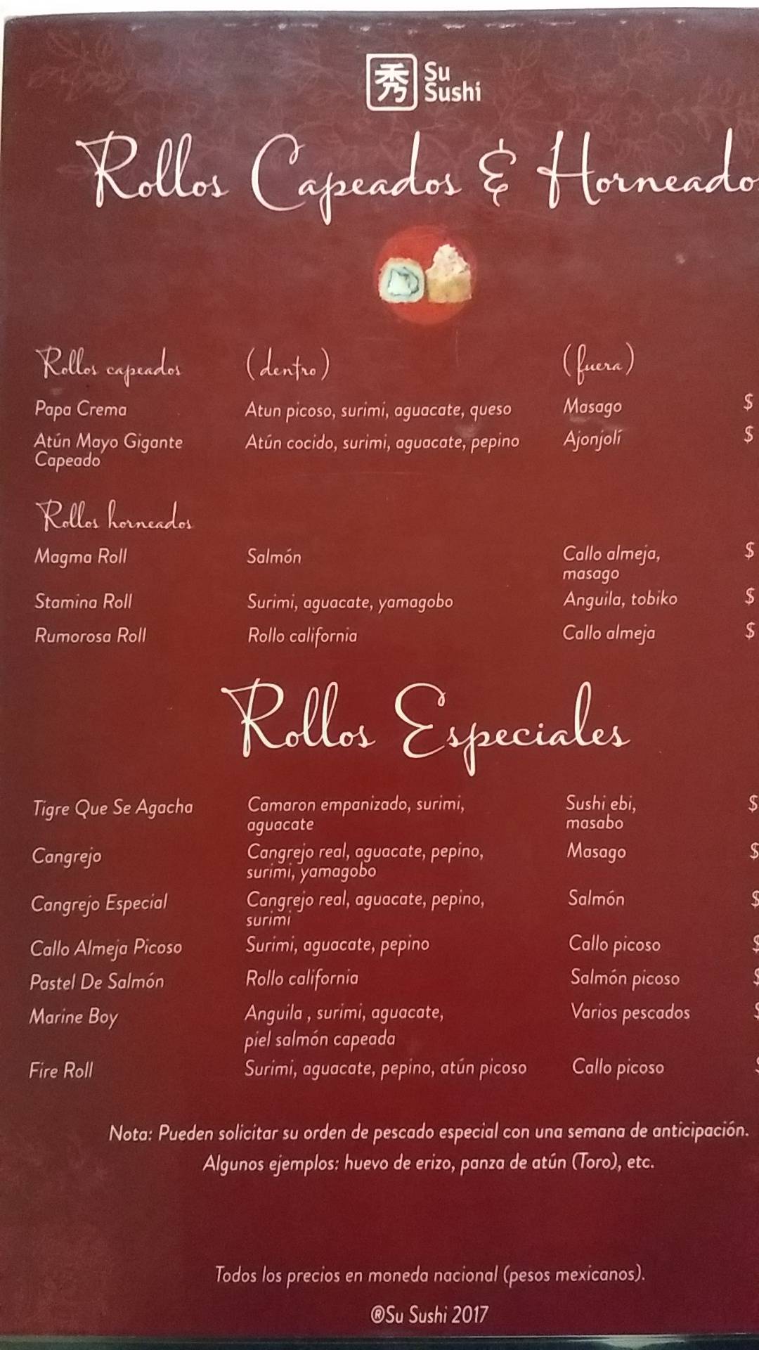 Carta del restaurante Su Sushi, Mexicali, Calz. Cuauhtémoc 1398-Int. 3 B