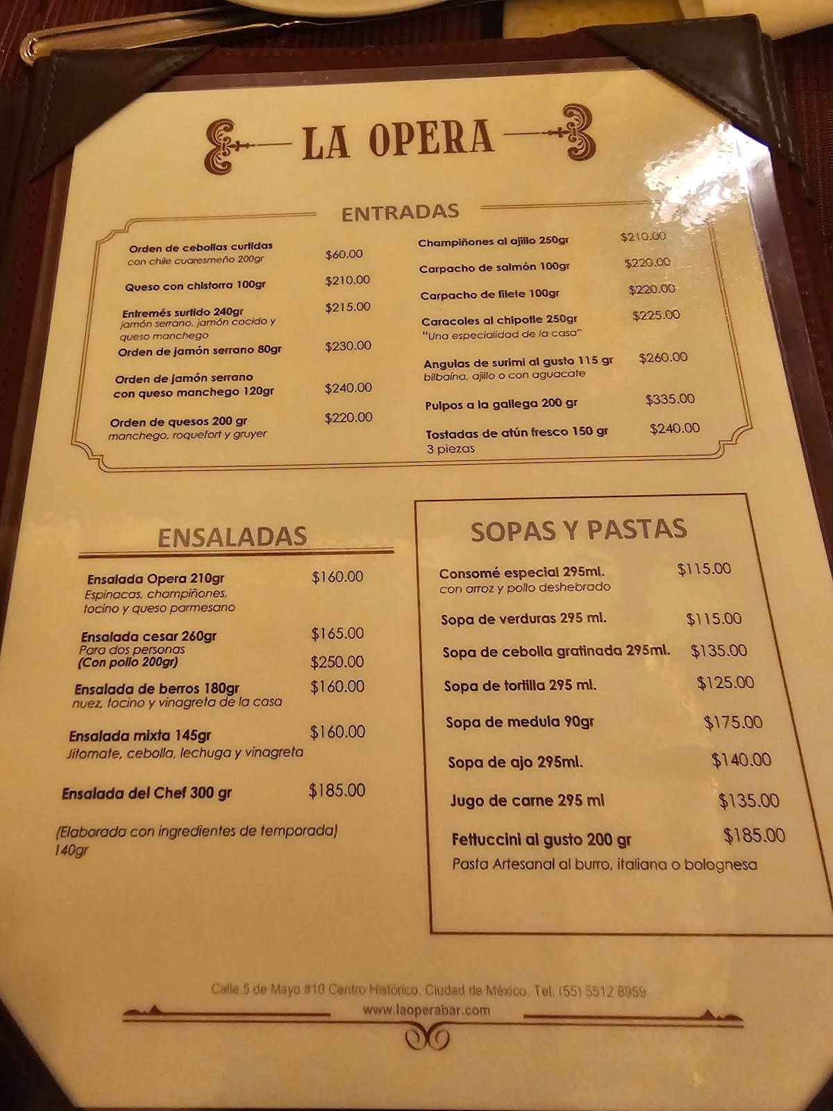 Carta del pub y bar LA OPERA, Ciudad del México, 5 del Mayo 10