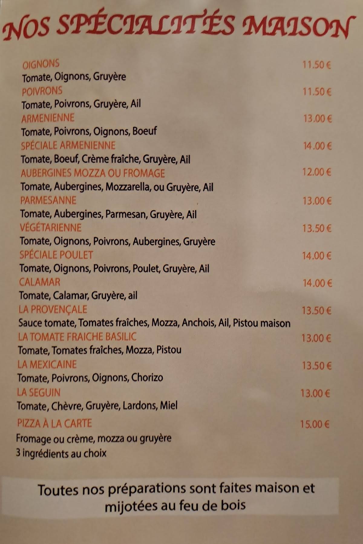 Menu au Pizza Chez Claude pizzeria, La Ciotat
