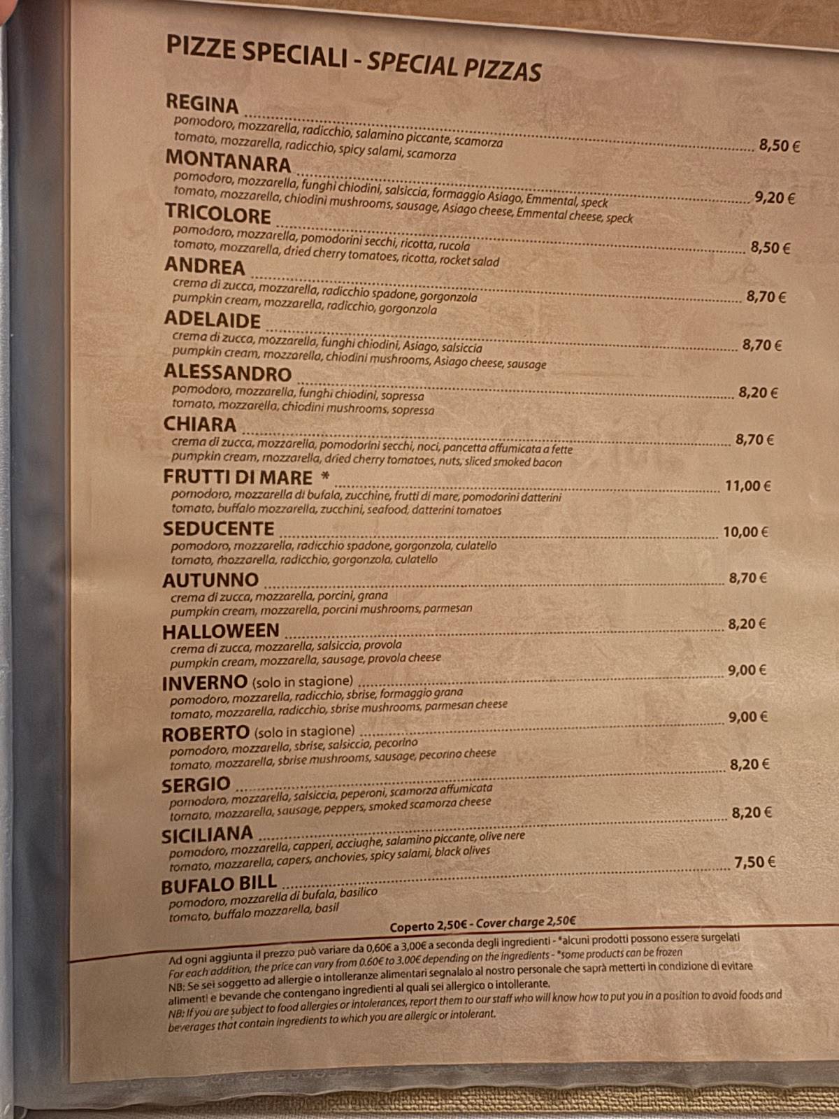 Menu da Ristorante Pizzeria Al Grillo, Monselice