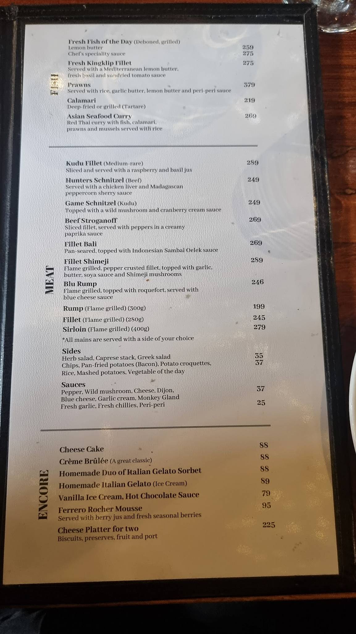 Menu at Blu Saffron restaurant, Pretoria