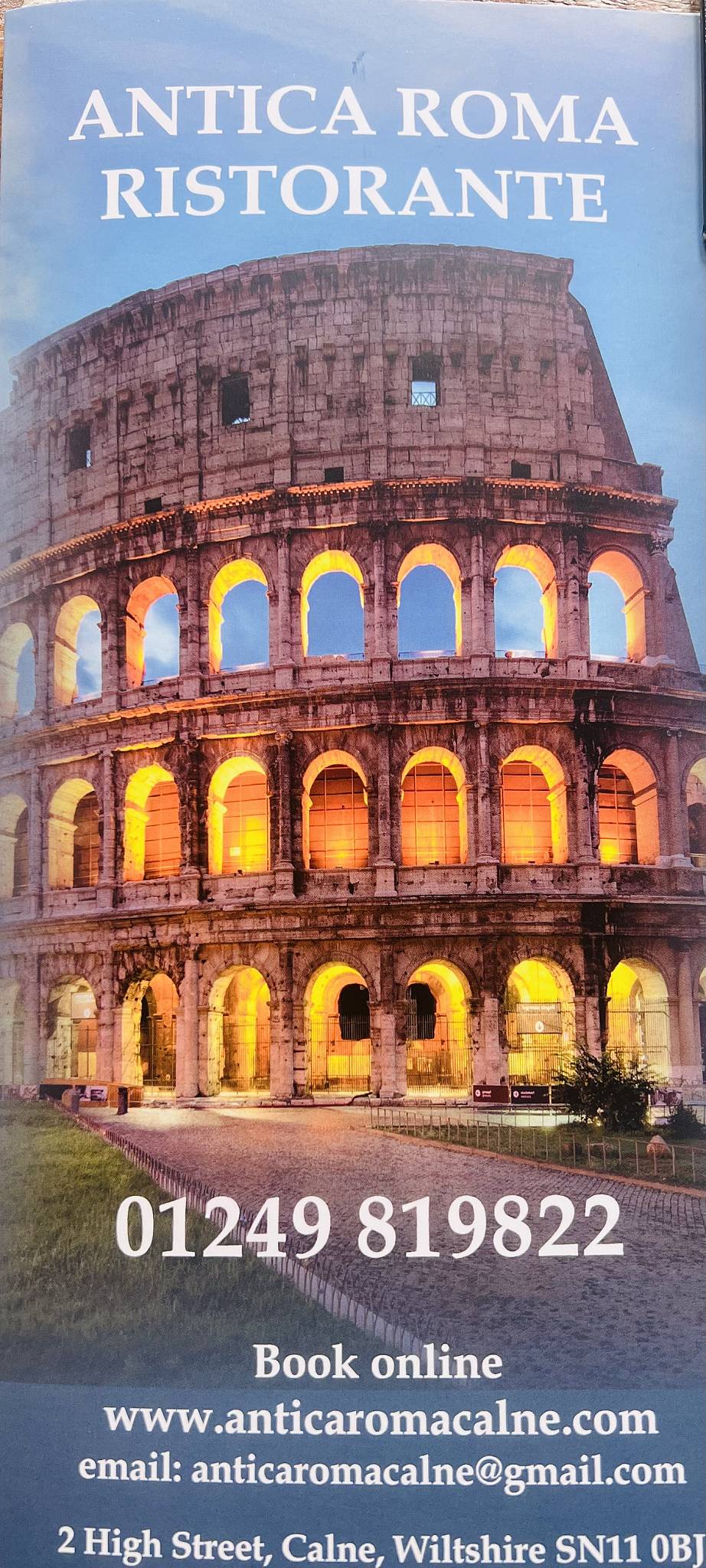 Menu at Antica Roma restaurant, Calne, 2 High St