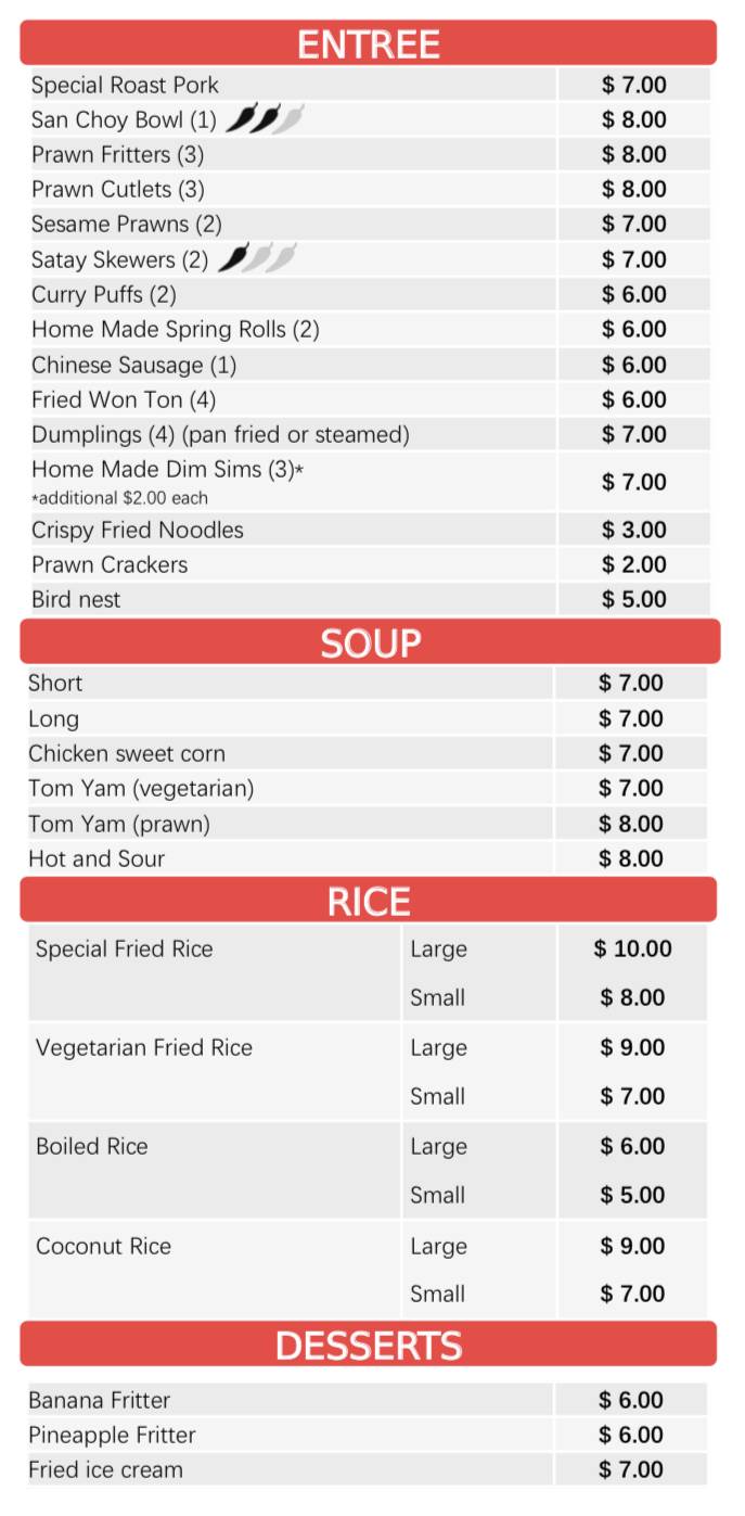 Menu at Chinaman restaurant, Wandin North