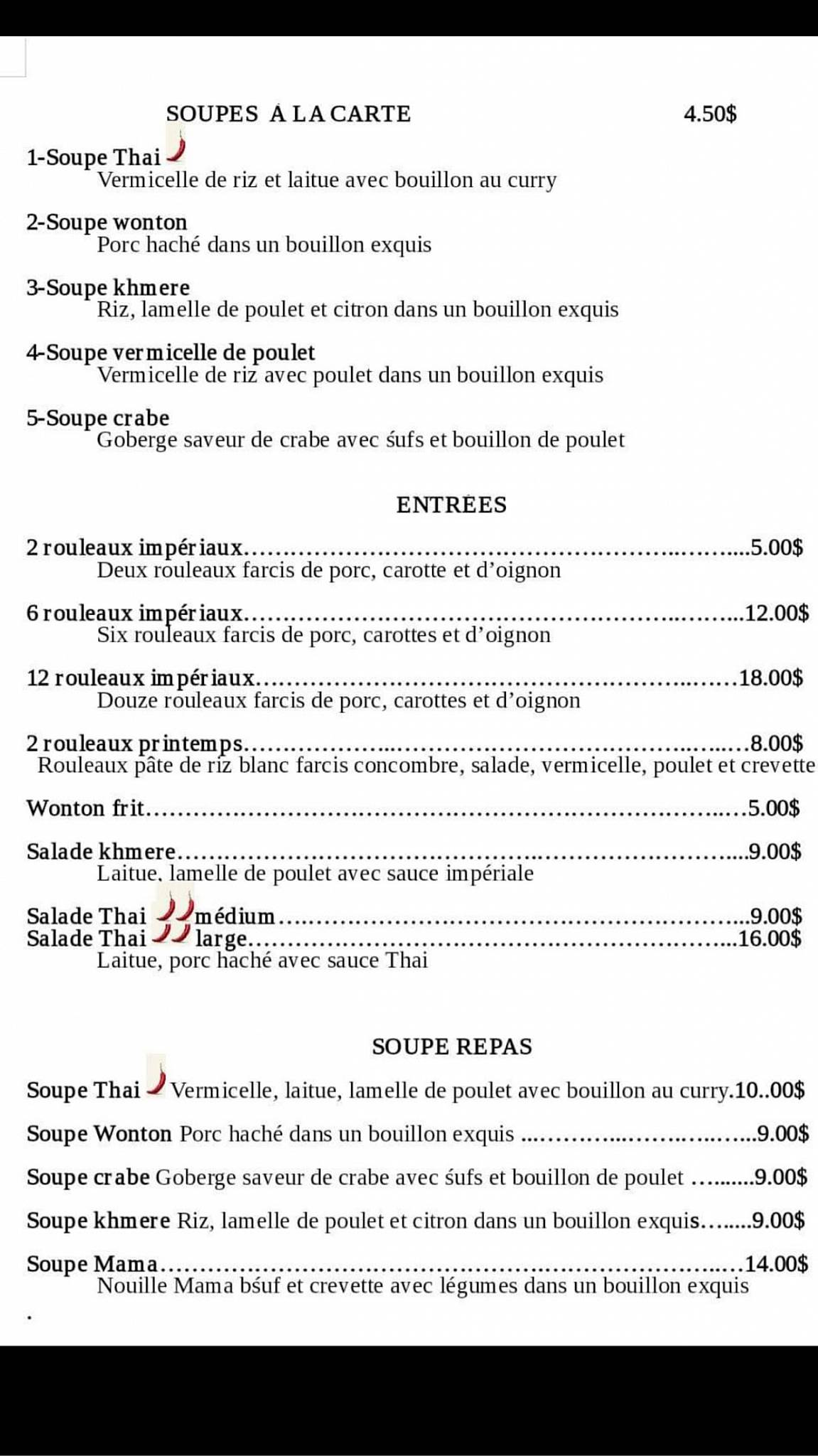 Menu au Délice Phnom Penh restaurant, Rivière-du-Loup, 185 Rue Lafontaine