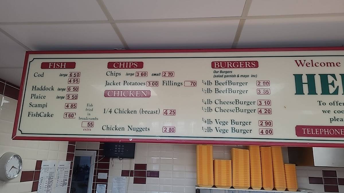 Menu at Herbies Fish & Chips restaurant, Bournemouth, 466 Castle Ln W